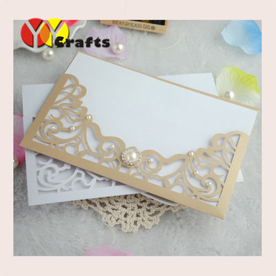 Cheap beautiful pocket custom size and color wedding invitation cards with pearls from china
