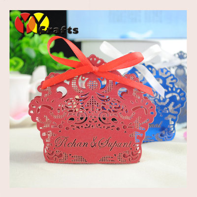 Red And Blue Lace Laser Cut Boxes Favors  , Wedding Candy Box With Free Name Logo