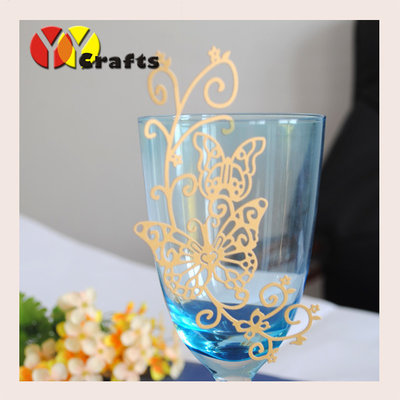 Wedding Laser cut gold butterfly place card on wine glass 250g pearl paper