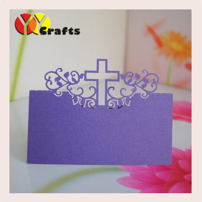 Elegant purple laser cut place card , baptism place cards great cross design