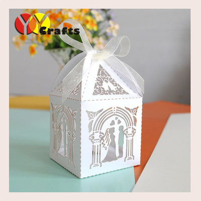 White bride and groom shape handmade paper laser cut wedding favor box with ribbon