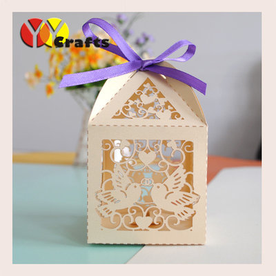 Free name logo 5*5*8.5cm small wedding chocolate packaging box laser cut wedding favor gift packaging box with ribbon