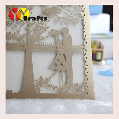 Fancy champine gold bride and groom shape lace handmade invitation cards CUSTOMIZED