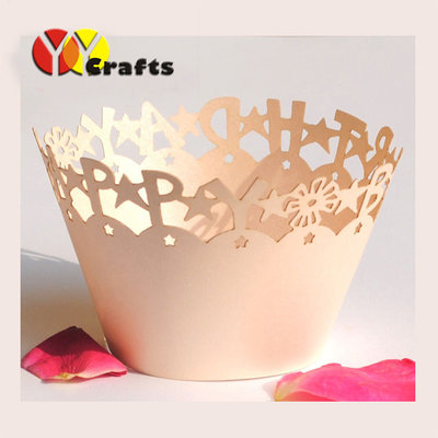 Laser cut customized cupcake wrappers pink with letters of HAPPY BIRTHDAY
