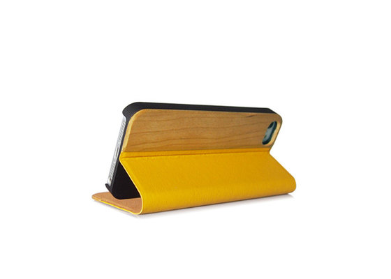 Yellow Real Wood Apple Iphone Protective Cases , Leather Flip Cell Phone Case