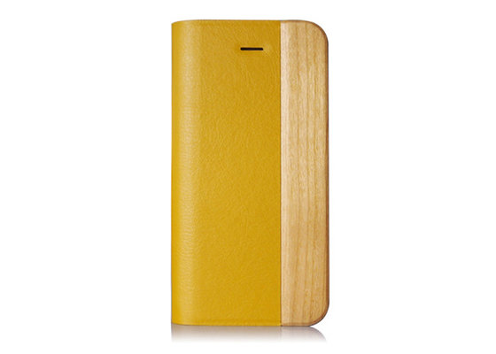 Yellow Real Wood Apple Iphone Protective Cases , Leather Flip Cell Phone Case