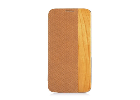 Wood And Brown Lychee Faux Leather Wooden Cell Phone Case Samsung Galaxy S5 Folio Case