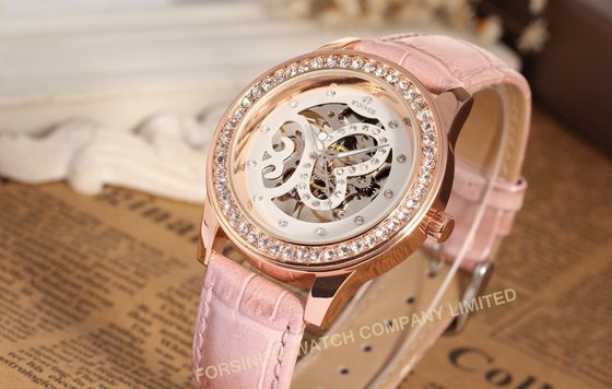 Analog Large Face Womens Wrist Watches Leather  Pink Fashion Hand Wind Mechanical Wrist Watch