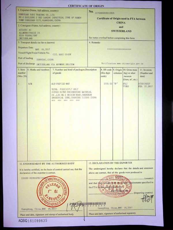 China - Switzerland/Form S/ccpit/commodity inspection bureau /1 working day